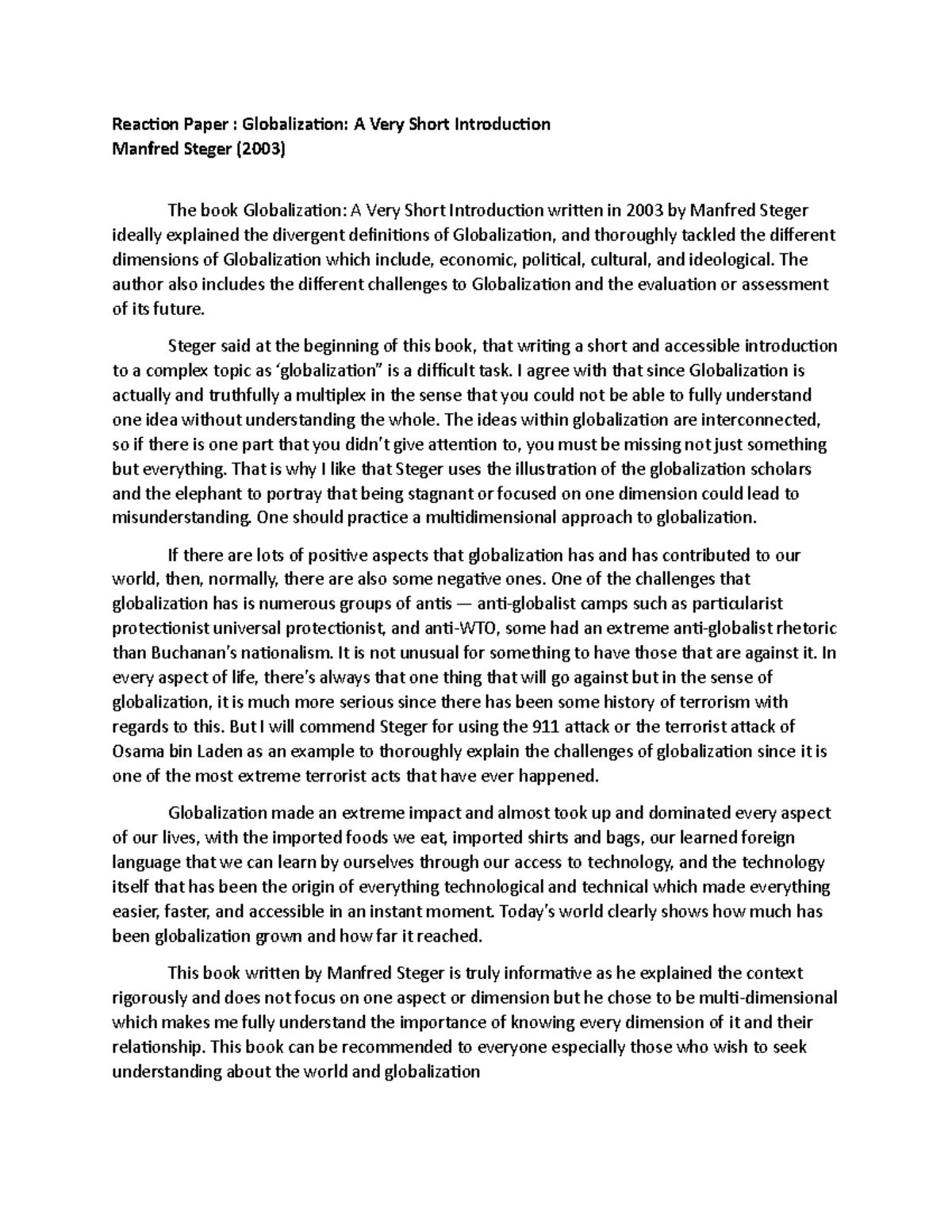 Globalization Reaction Paper: Insights from Steger's 2003 Analysis ...