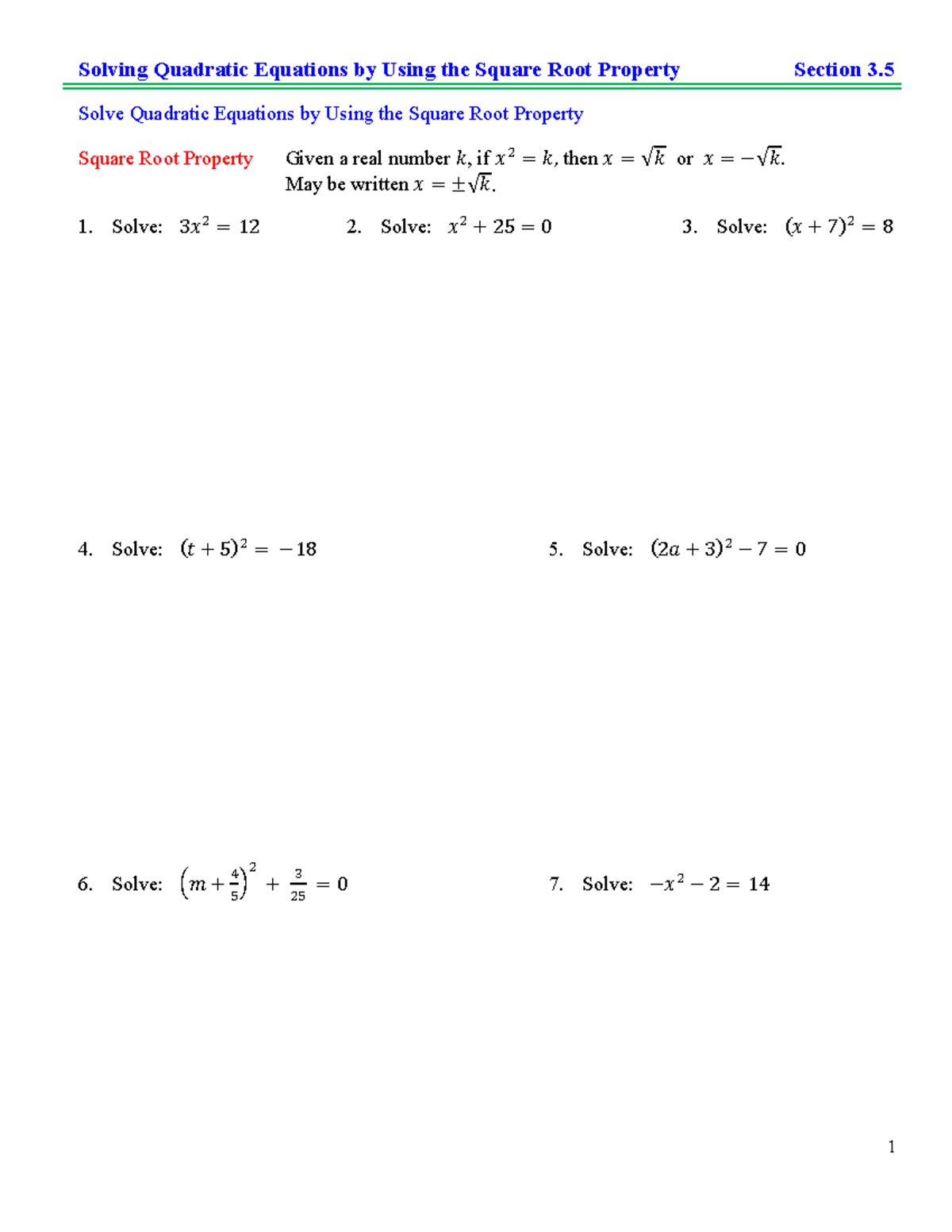 3.5 - Solve Quad Eqts by Sq Root - 1 Solving Quadratic Equations by ...