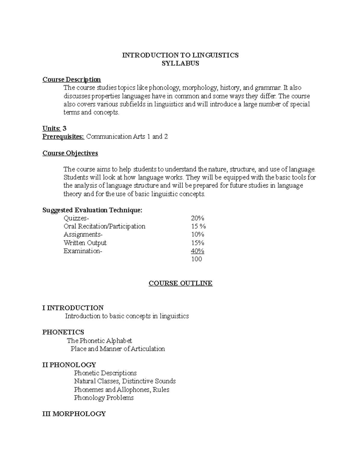 Introduction to Linguistics (LNG101) Course Syllabus and Outline - Studocu