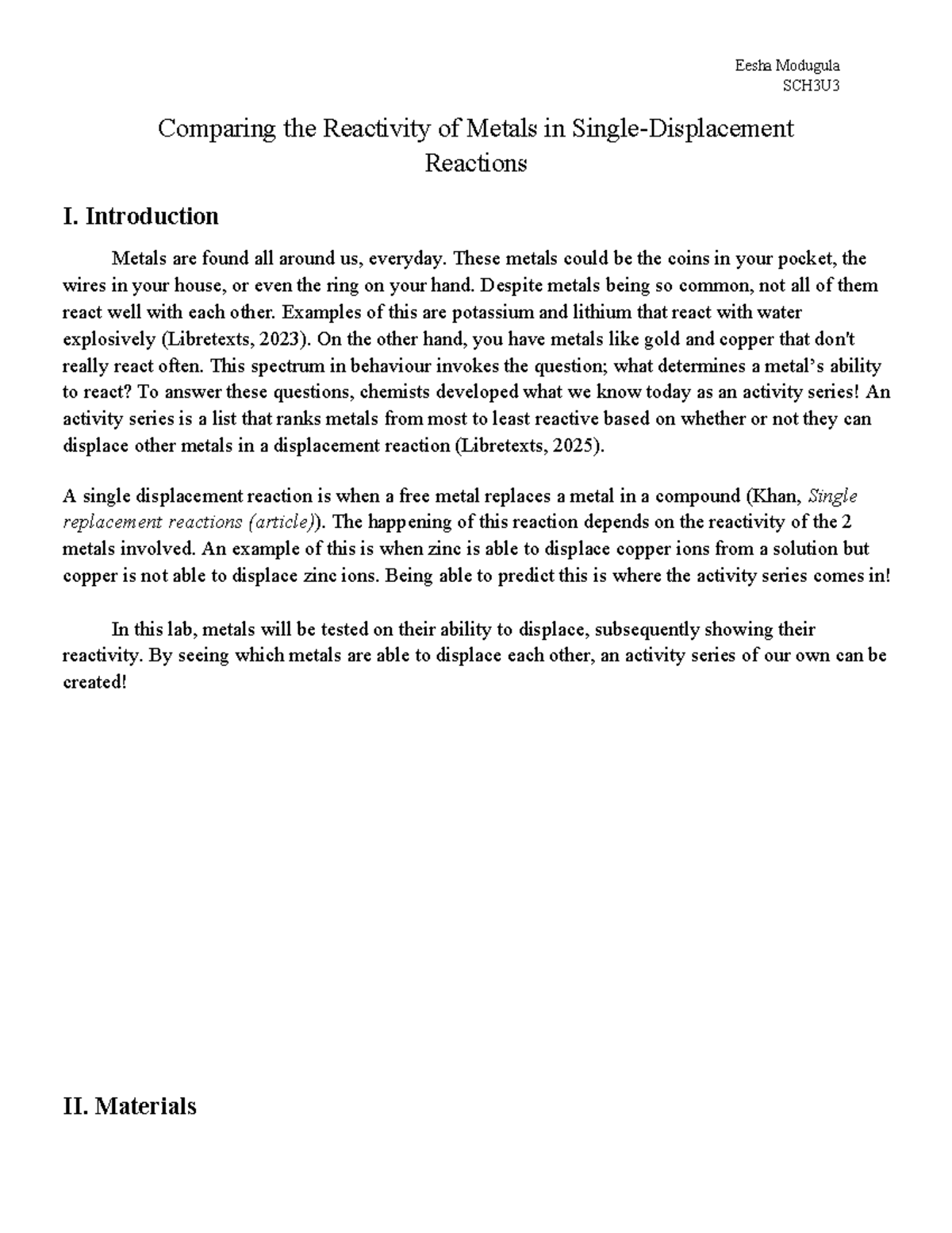 Activity Series Design Lab - SCH3U3 by Eesha Modugula - Studocu