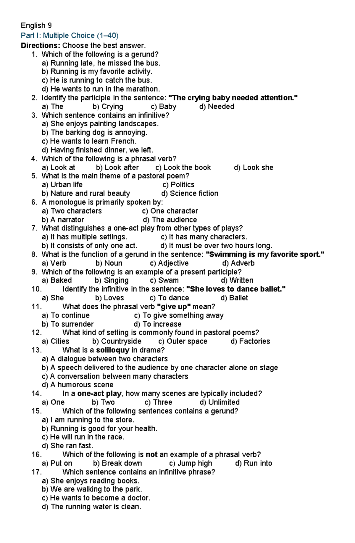 Q3 BSU English Grade 9 - Assessment - English 9 Part I: Multiple Choice ...
