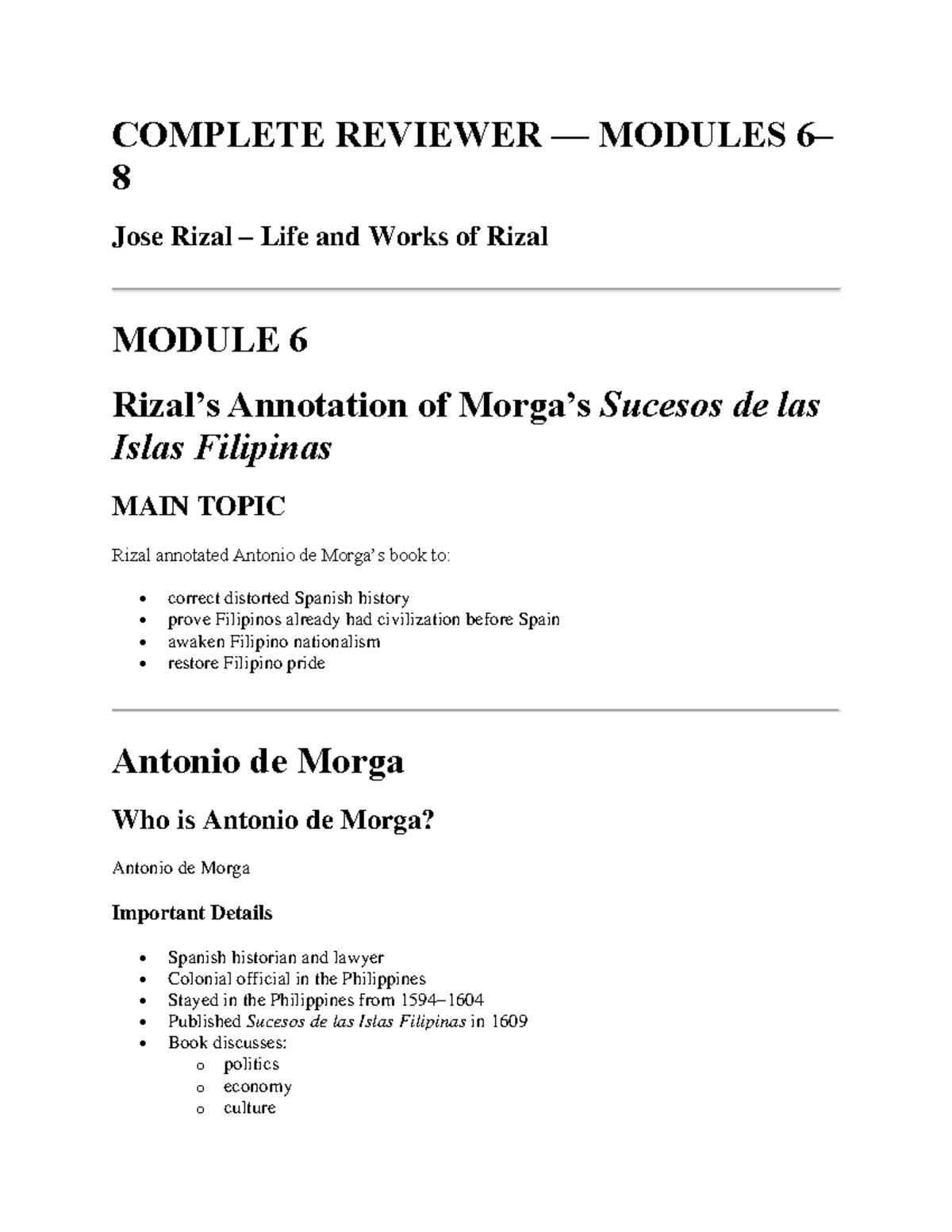 COMPLETE REVIEWER: Jose Rizal's Life, Works & Annotations (Modules 6-9 ...