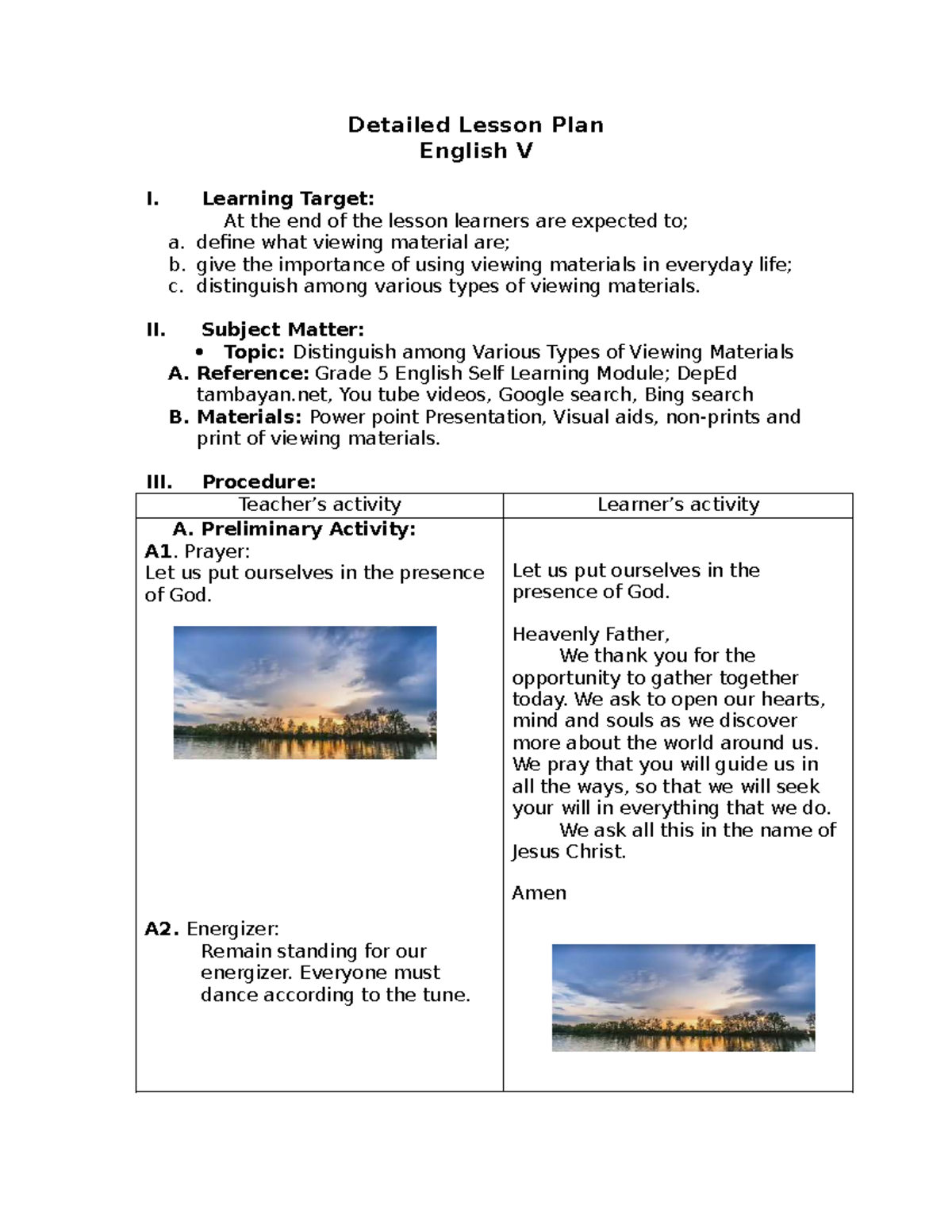 Detailed Lesson Plan: Types of Viewing Materials for English V - Studocu