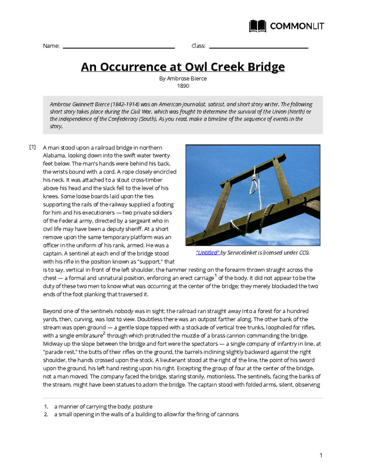 An Occurrence at Owl Creek Bridge - Teacher Notes (ENG 12) - Studocu