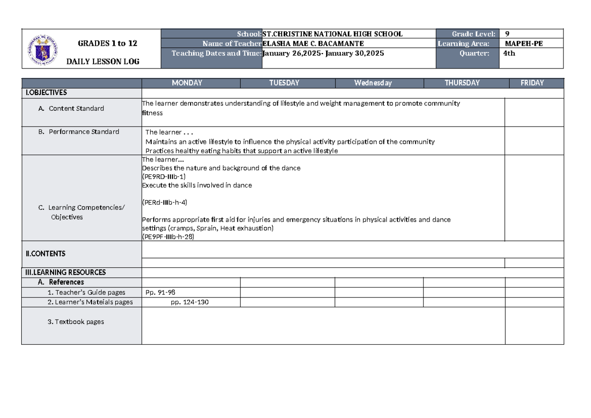 DLL MAPEH-PE 9 Q4 W2 - Daily Lesson Log and Plan - Studocu