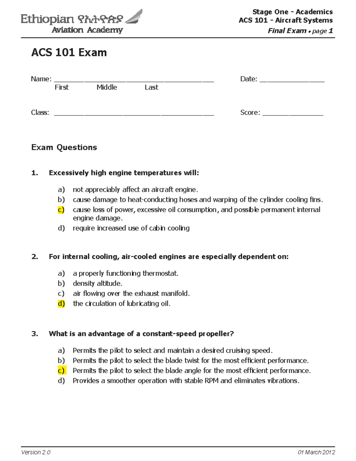 Final Exam - ACS 101: Aircraft Systems General Knowledge - Studocu