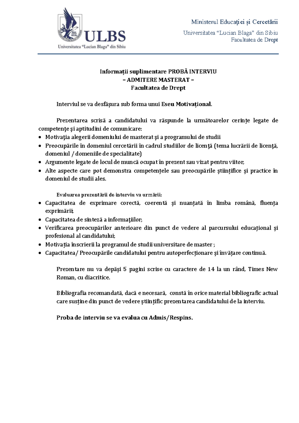 Informații Suplimentare pentru Proba Interviu Admitere Masterat - Eseu ...