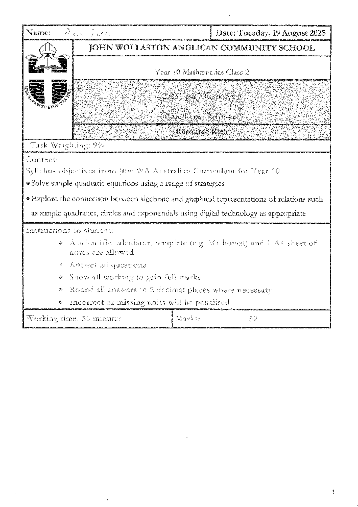 Year 10 Math Task 7: Non-Linear Relations Solutions (2025) - Studocu