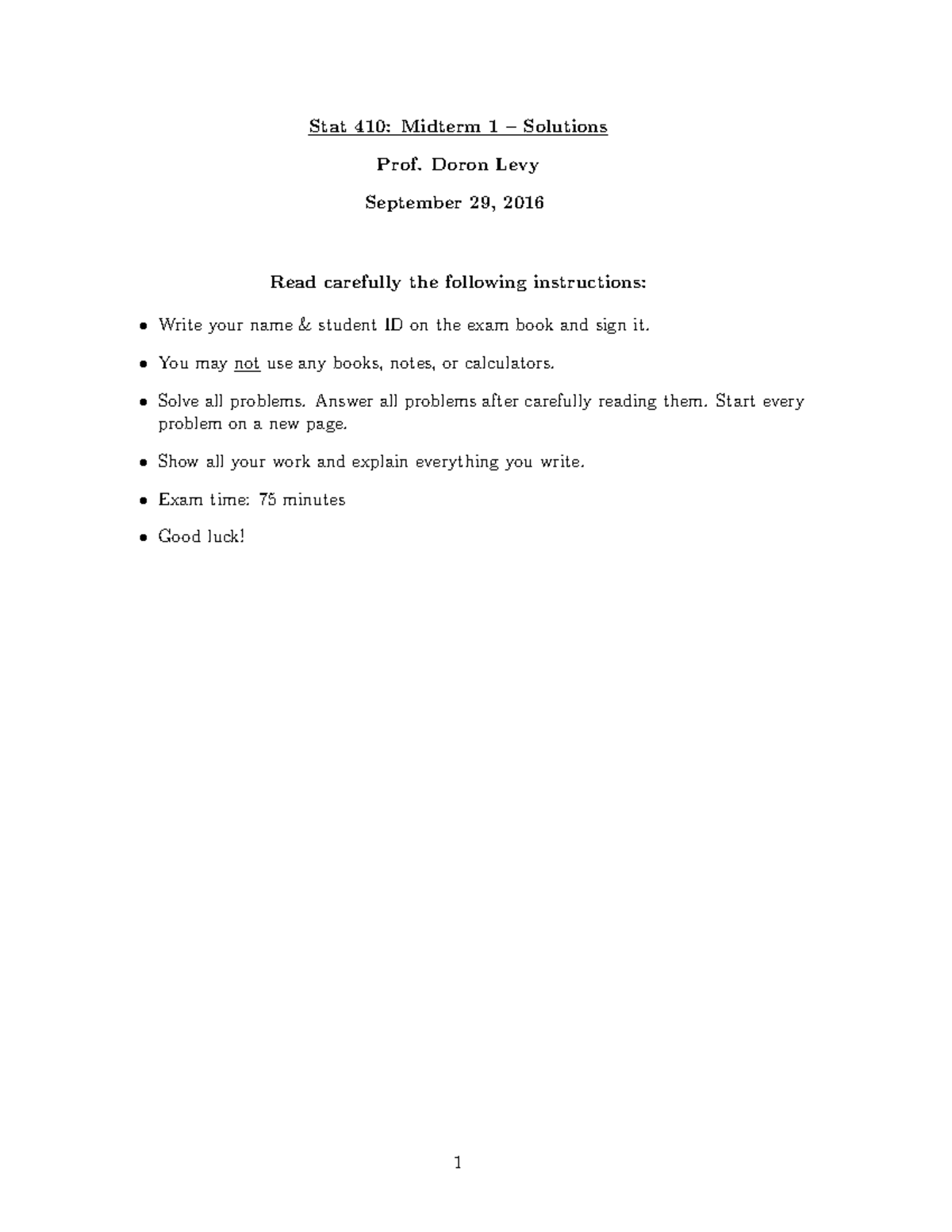 Stat 410: Midterm 1 Solutions - Prof. Doron Levy - Studocu