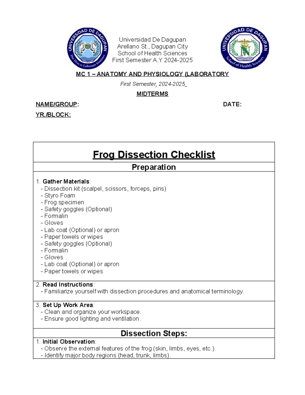 MC 1 Frog Dissection Checklist: Midterms Lab Prep Guide - Studocu