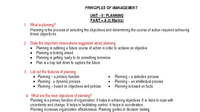 Unit II: Planning in Principles of Management (POM - GE3791) - Studocu