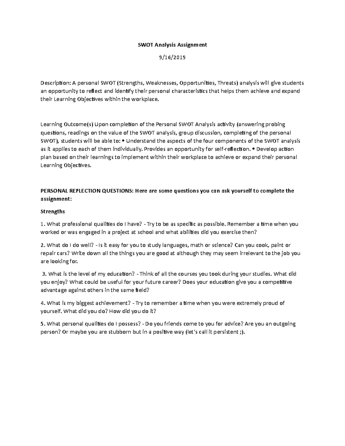 Personal SWOT Analysis Assignment (SWOT101) - Studocu