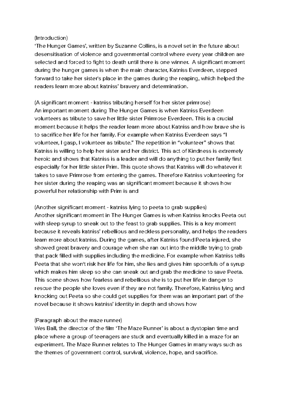 Essay - (Introduction) ‘The Hunger Games’, written by Suzanne Collins ...