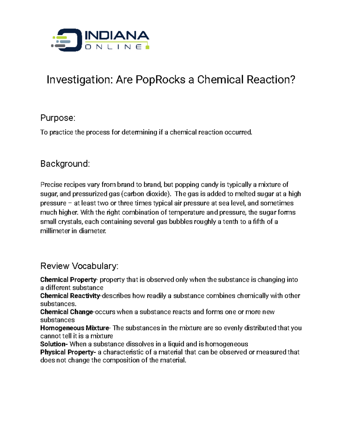 Copy of Investigation Are Pop Rocks a Chemical Reaction - Investigation ...