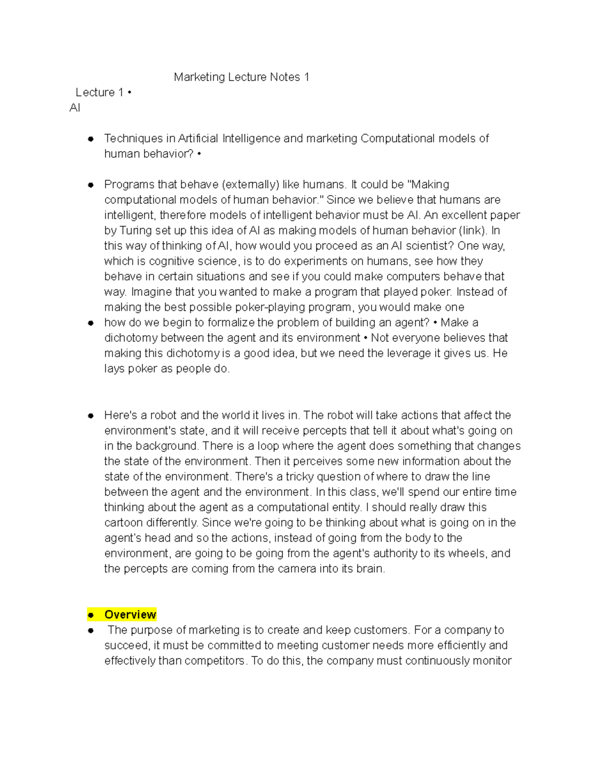 Marketing Lecture Notes 1: AI Techniques and Customer Satisfaction ...