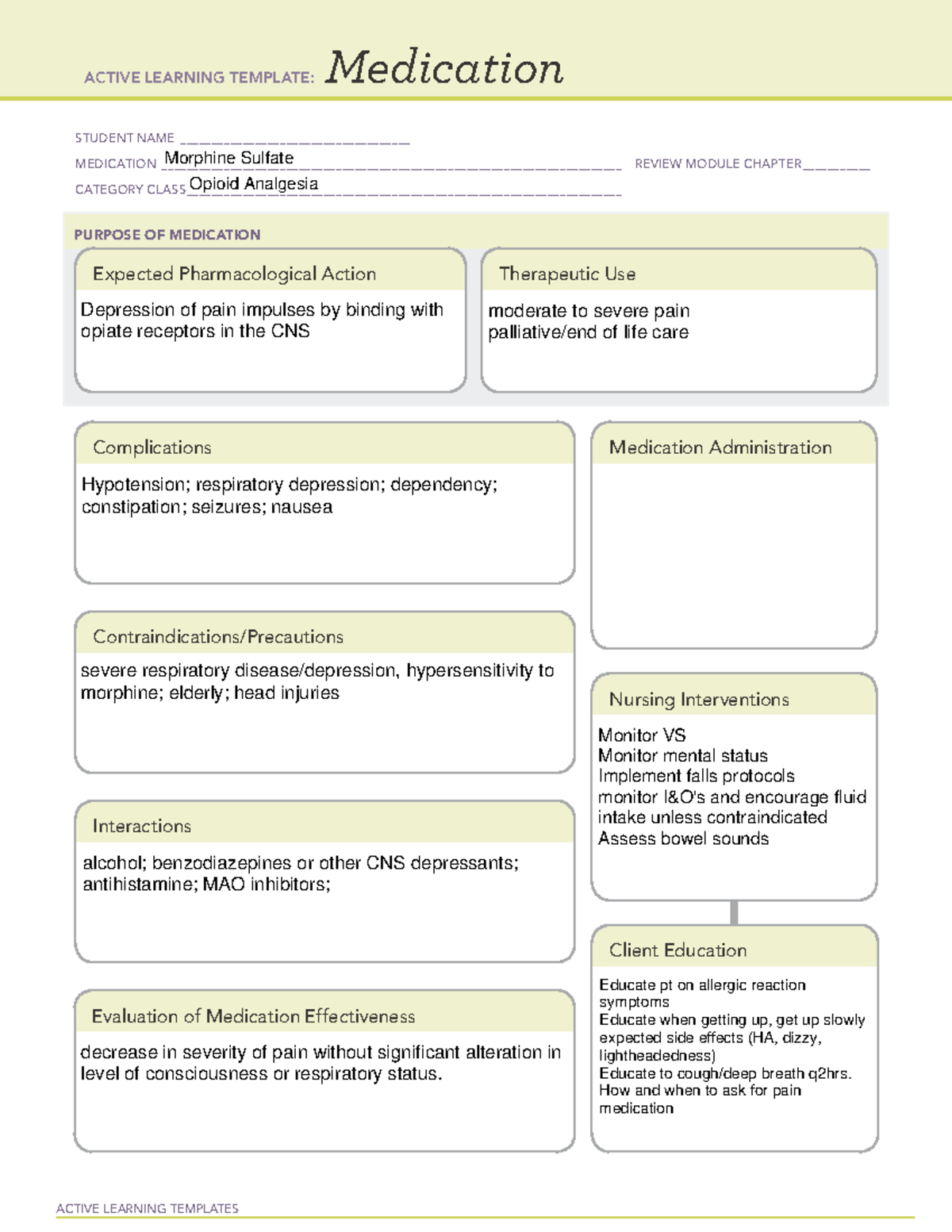 ACTIVE LEARNING TEMPLATE: Morphine Sulfate Review Module (Opioid) - Studocu