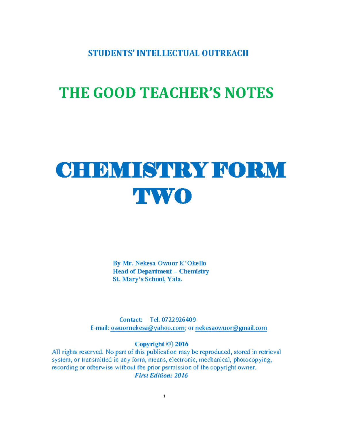 THE GOOD TEACHER'S NOTES - CHEMISTRY FORM TWO - Studocu