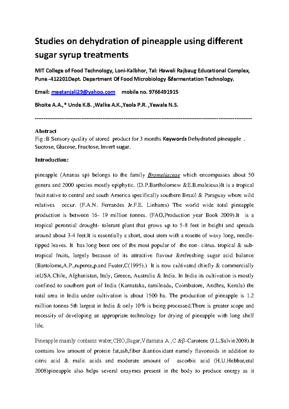 Dehydration of Pineapple with Sugar Syrup Treatments: A Study - Studocu