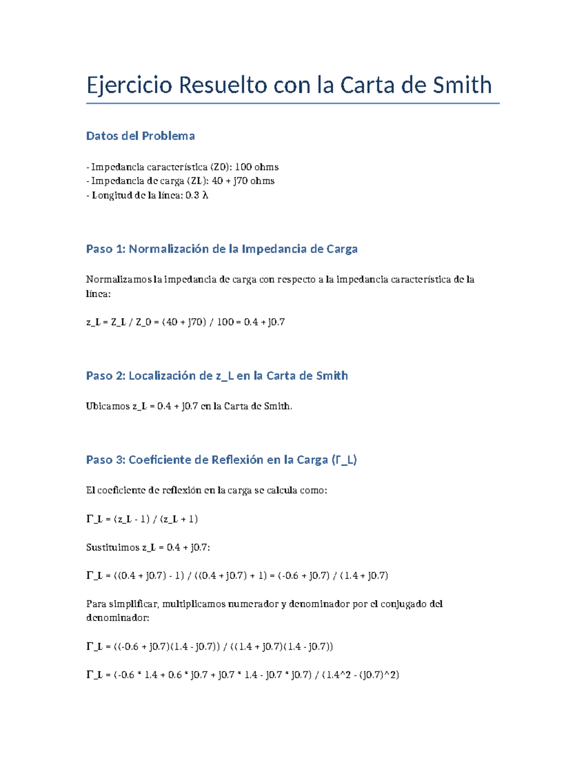 Ejercicio Resuelto de la Carta de Smith - Z0 100 Ohms - Studocu