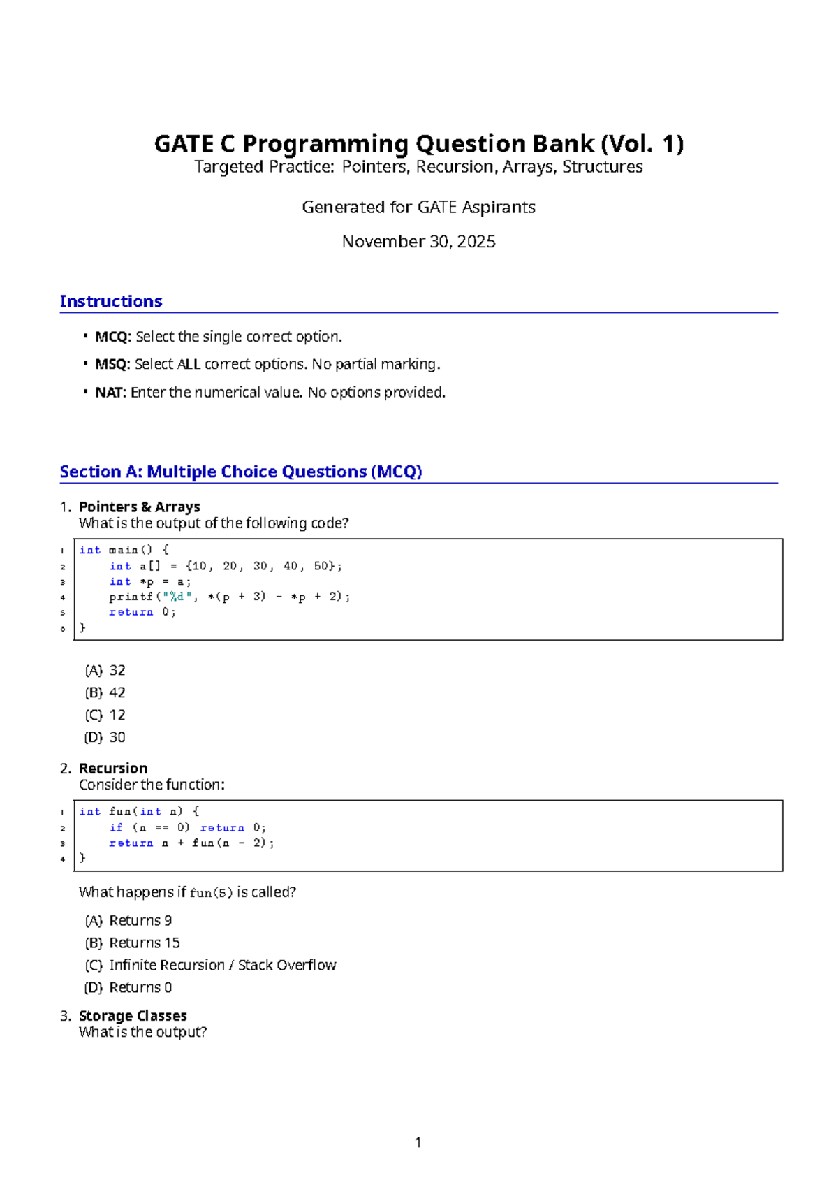 GATE C Programming Question Bank Vol. 1: Pointers, Recursion, Arrays ...