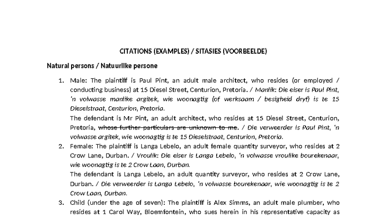 CITATIONS EXAMPLES / SITASIES VOORBEELDE - Legal Context Guide - Studocu
