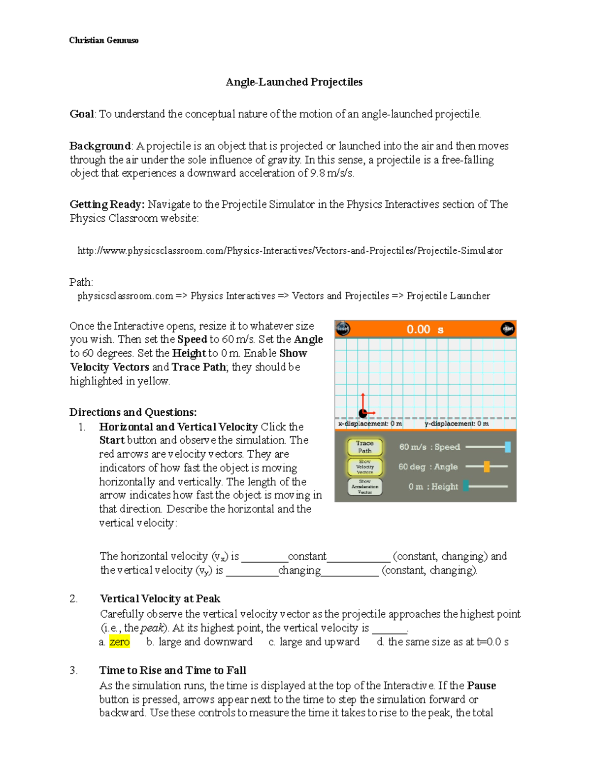 Physics 101 - Angled Projectile Motion Worksheet and Analysis - Studocu