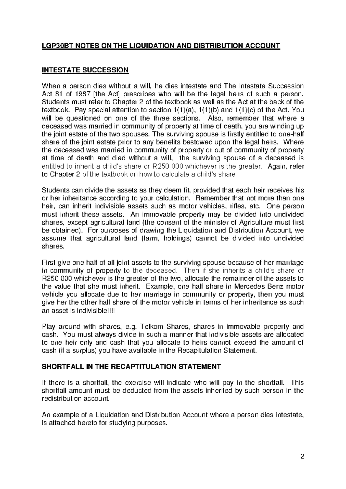LGP30BT Liquidation & Distribution Account Notes - Intestate Succession ...