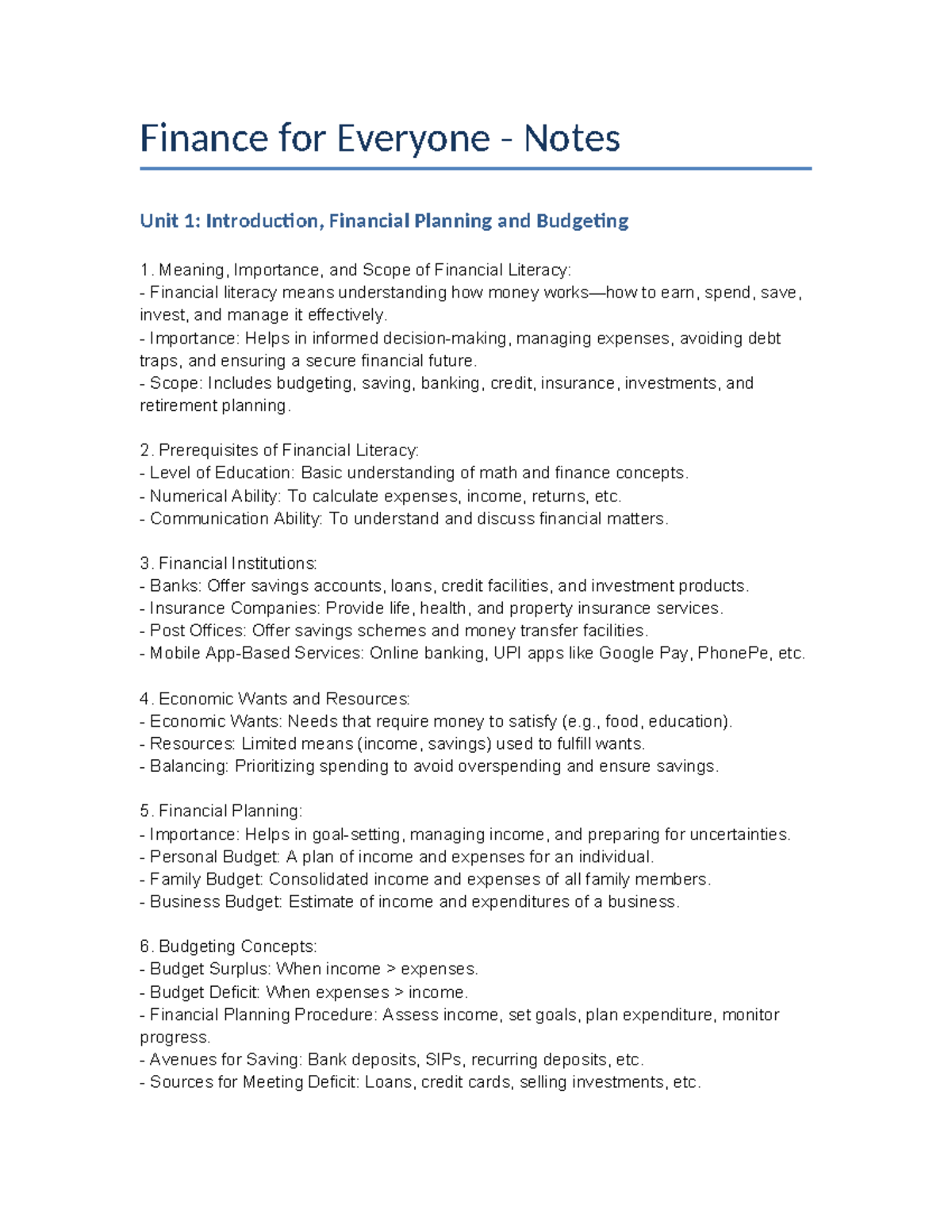 Finance for Everyone Notes: Unit 1 - Intro to Financial Literacy ...