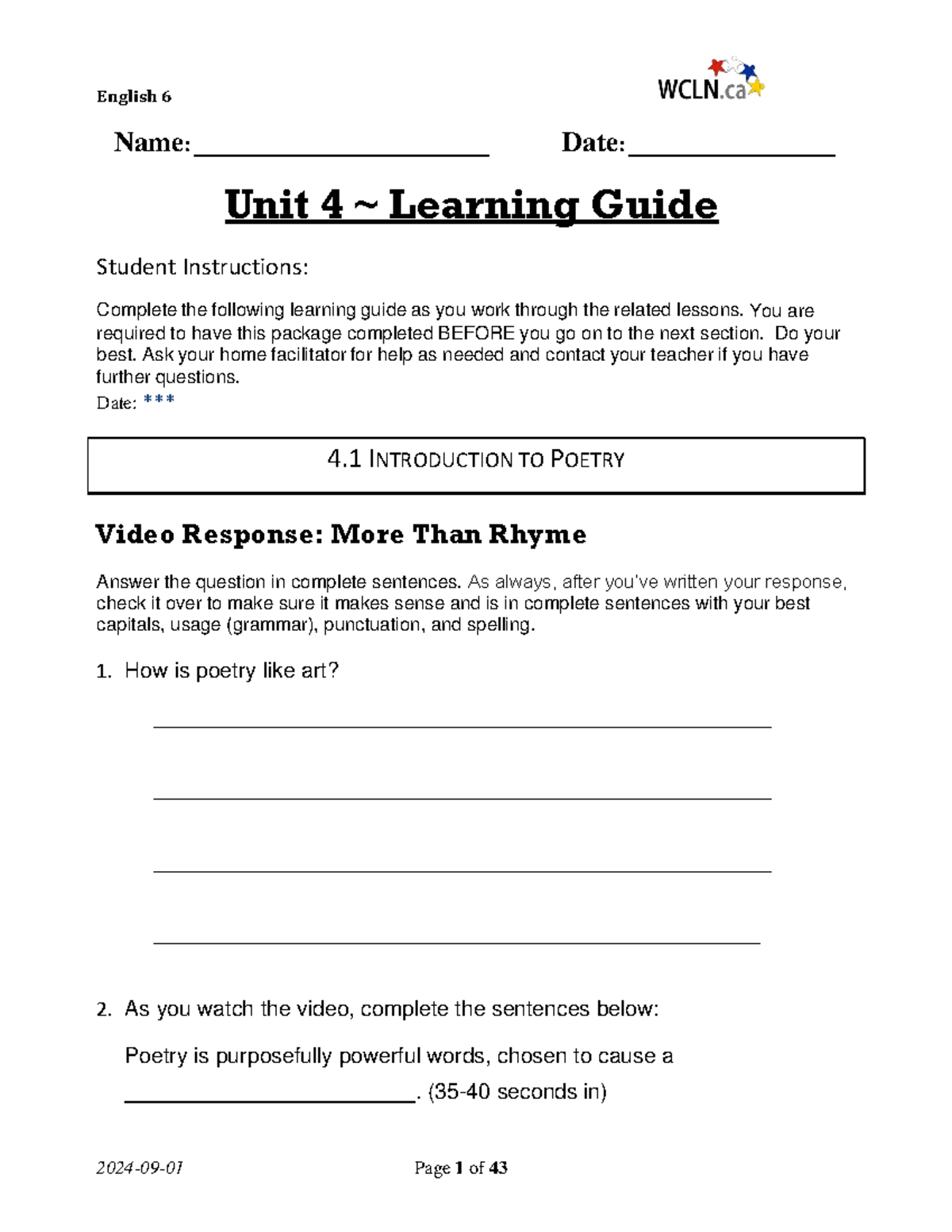 EN6 U4 LG - Unit 4 Learning Guide on Poetry and Creative Expression ...