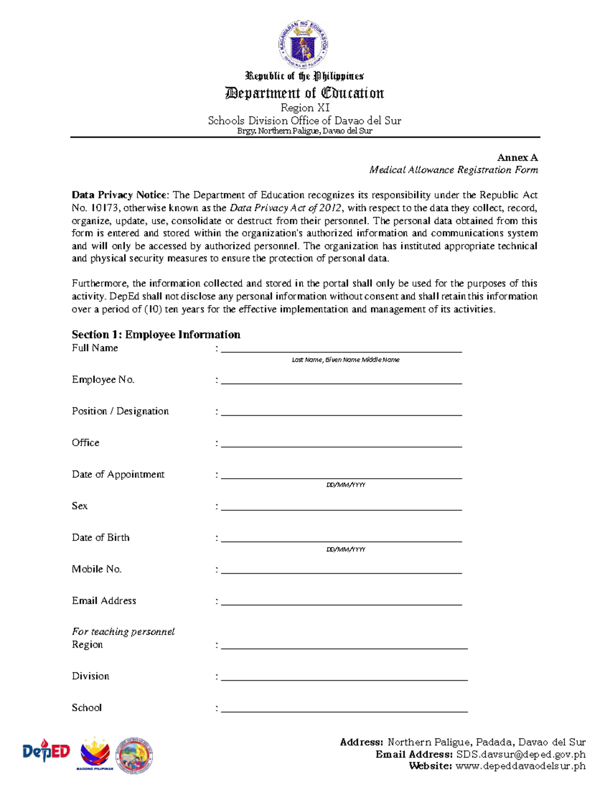 Annex A: Medical Allowance Registration Form and Data Privacy Notice ...