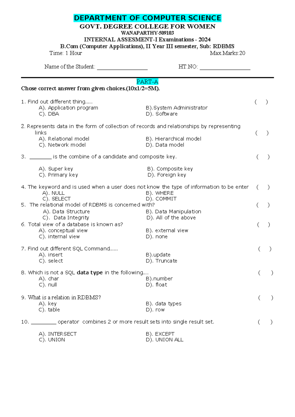 BCOM RDBMS Internal Assessment-I GDCW 2024 - Studocu