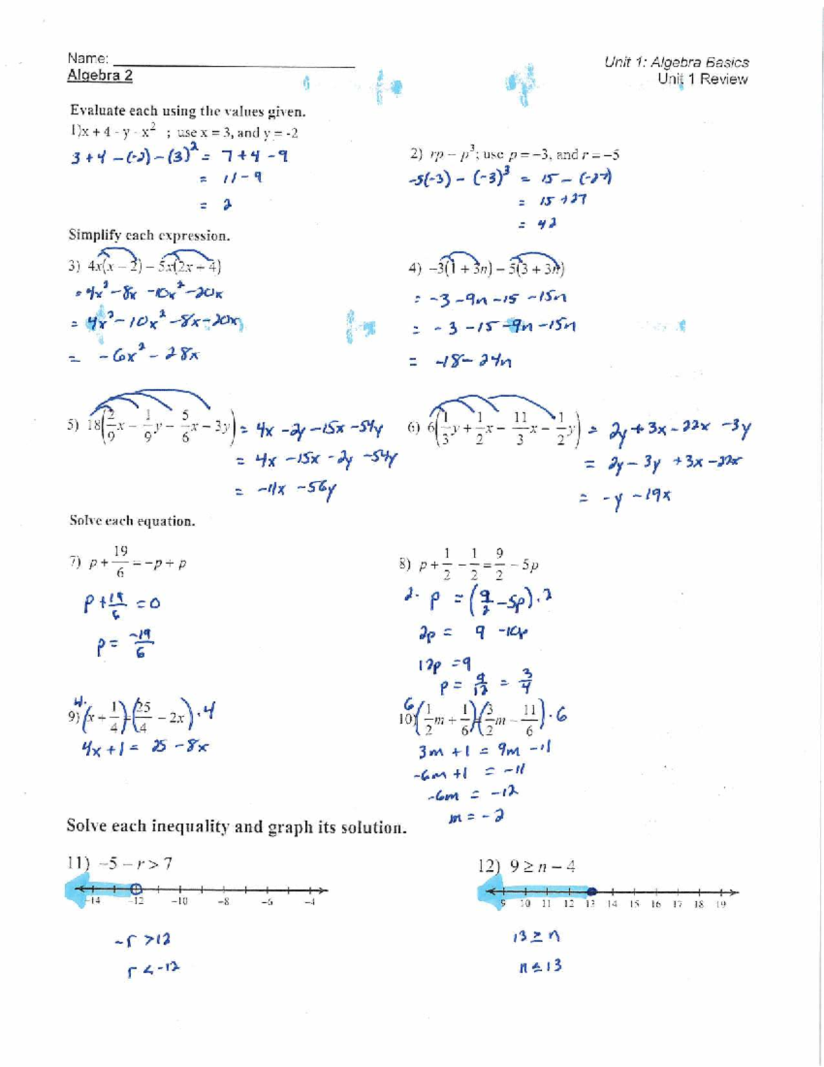 A2 Unit 1: Algebra Basics Review Solutions and Evaluations - Studocu
