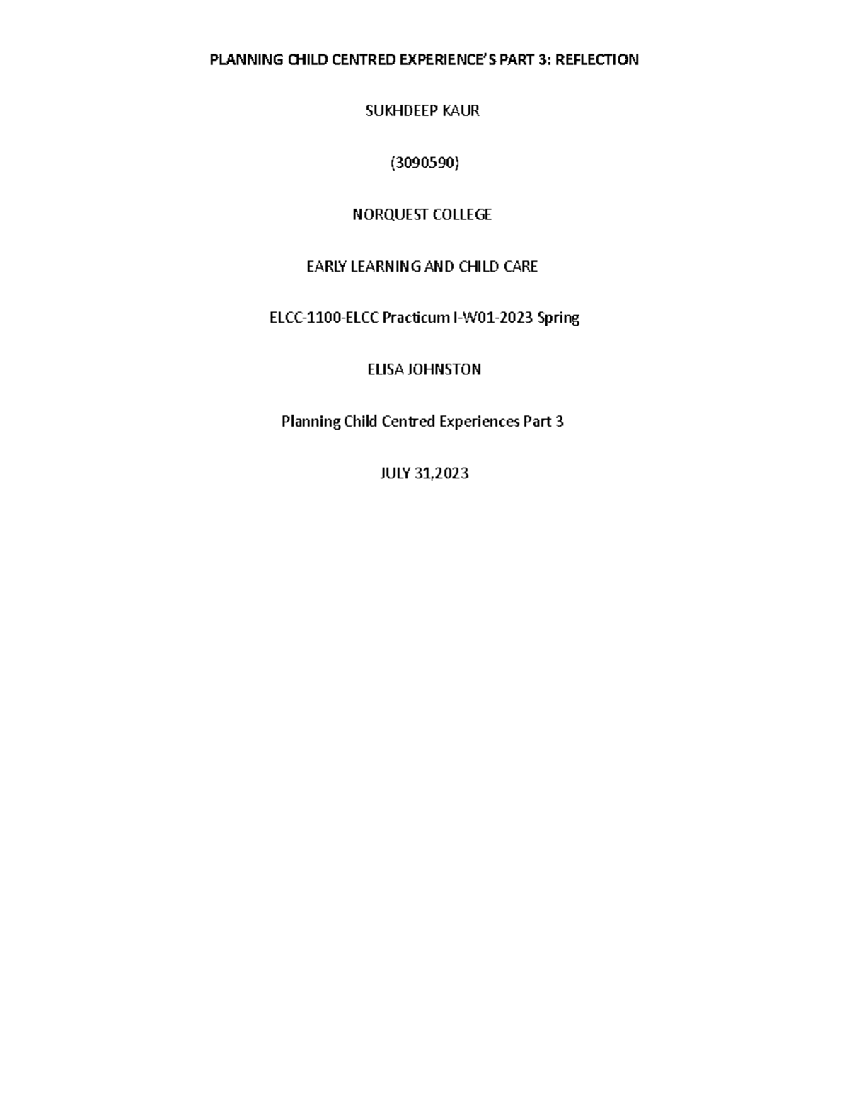 ELCC-1100 Assignment 3: Planning Child-Centered Experiences Insights ...