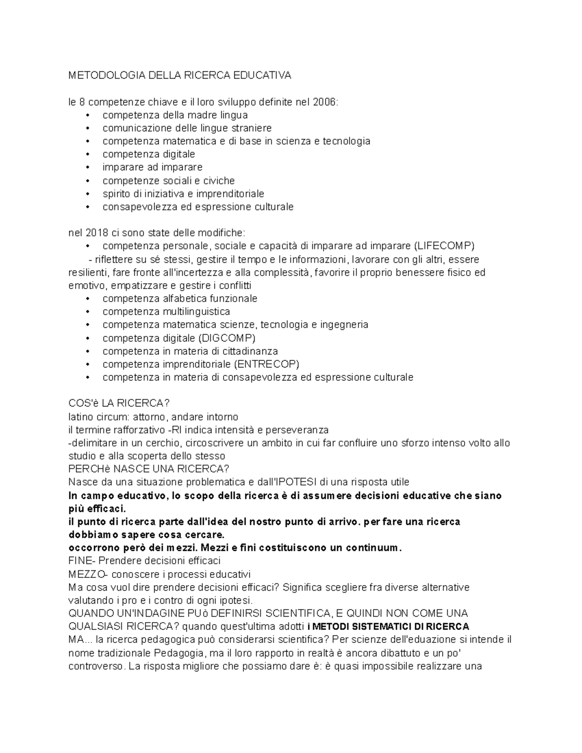 Metodologia della Ricerca Educativa: Competenze Chiave e Sviluppo - Studocu