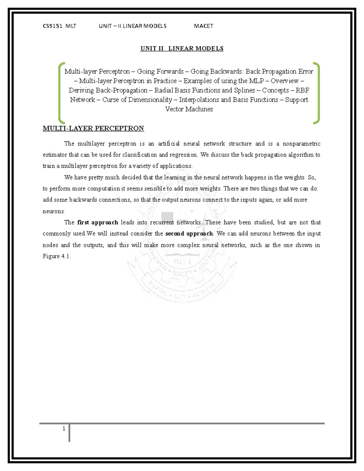 CS9151 MLT UNIT II LINEAR MODELS: Multilayer Perceptron Overview and ...