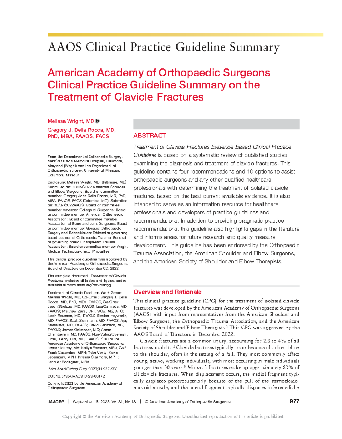 AAOS Clinical Practice Guideline Summary: Treatment of Clavicle ...