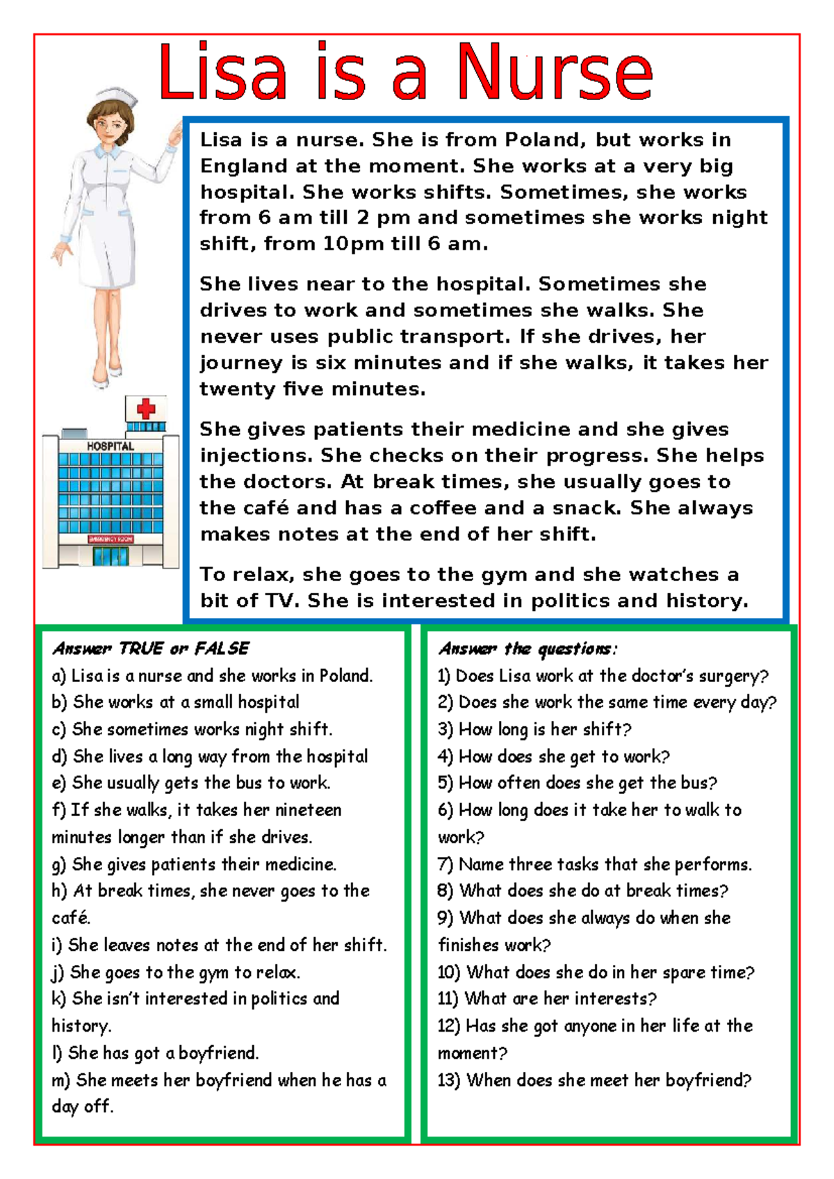 Lisa the Nurse: Reading Comprehension Exercises (99086) - Studocu