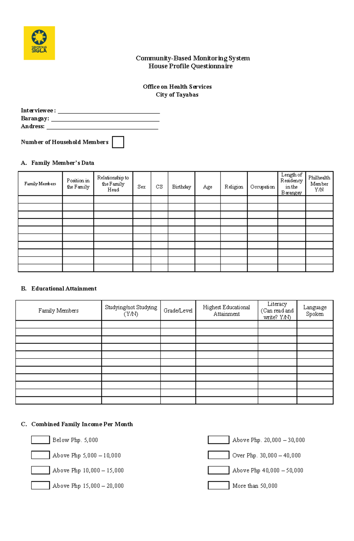 Community Based Monitoring System Form - Office on Health Services City ...