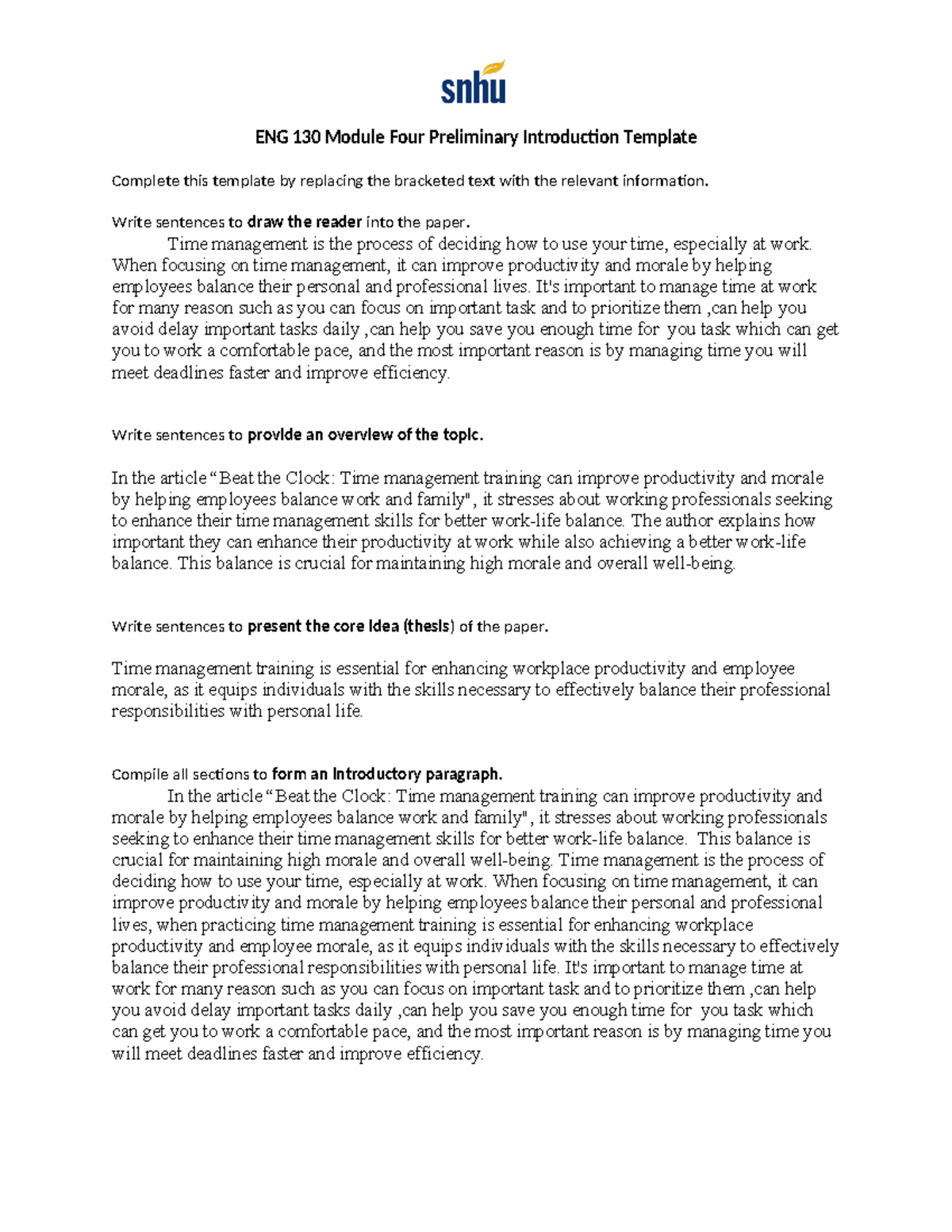 ENG 130 Module 4: Time Management Overview and Introduction Template ...