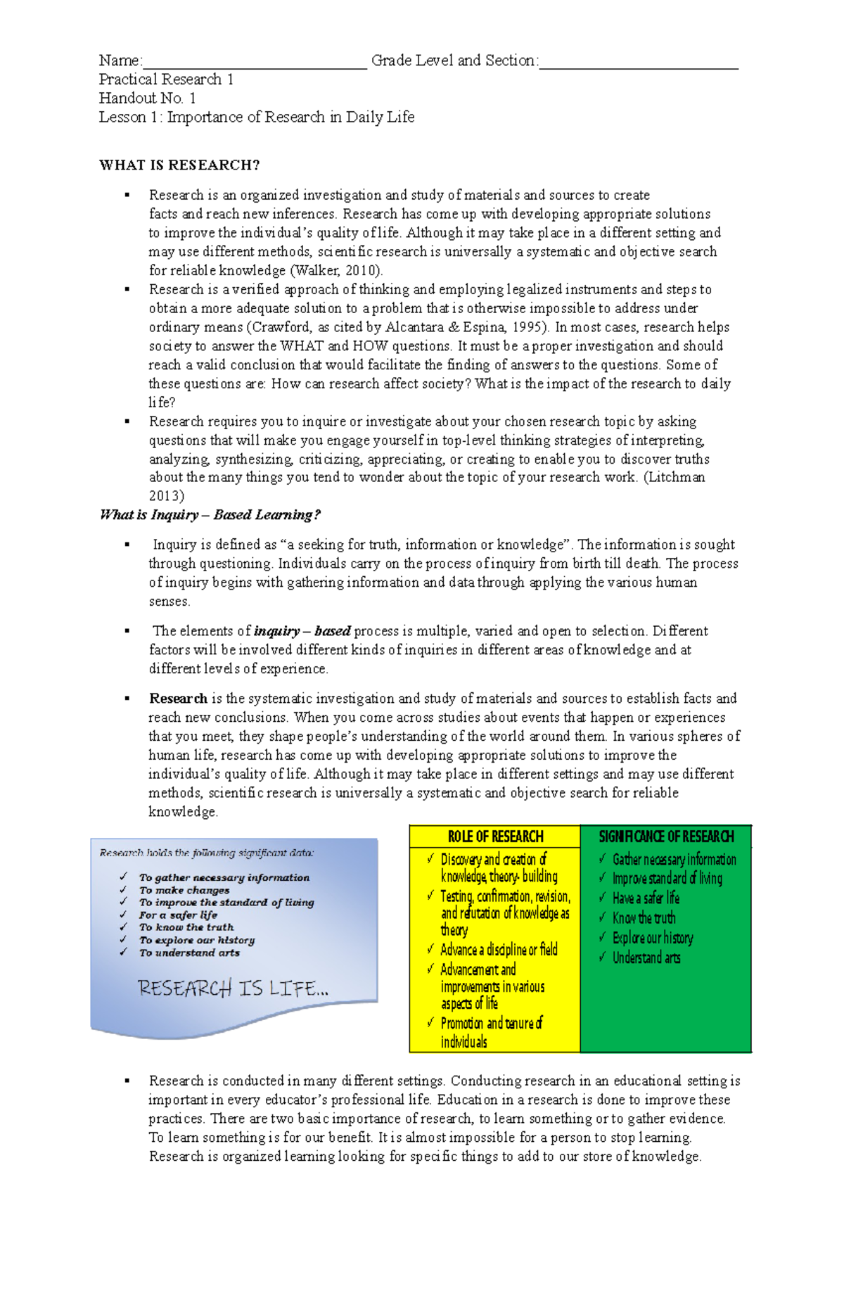 Handout-1-lesson-1 - answers keyy - ROLE OF RESEARCH SIGNIFICANCE OF ...