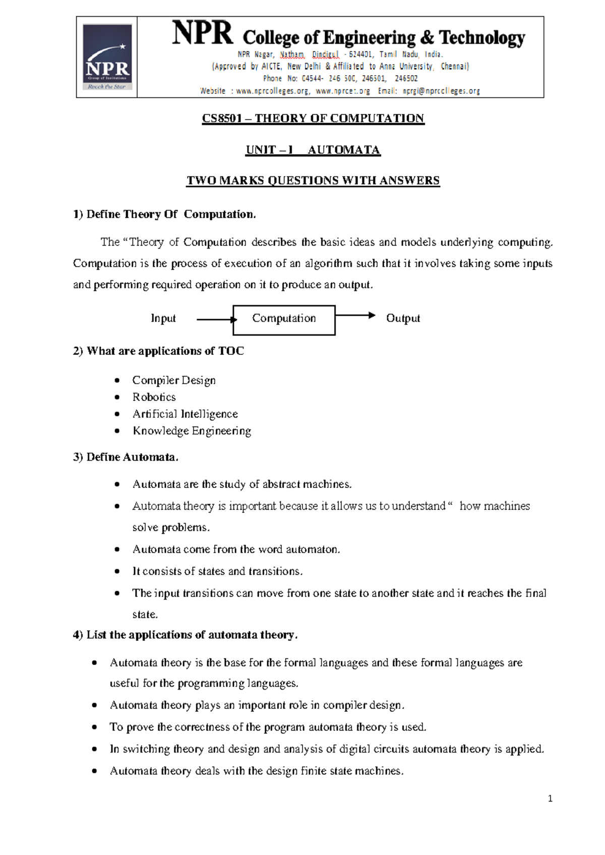 CS8501 - Unit I 2 Marks Questions on Automata Theory - Studocu