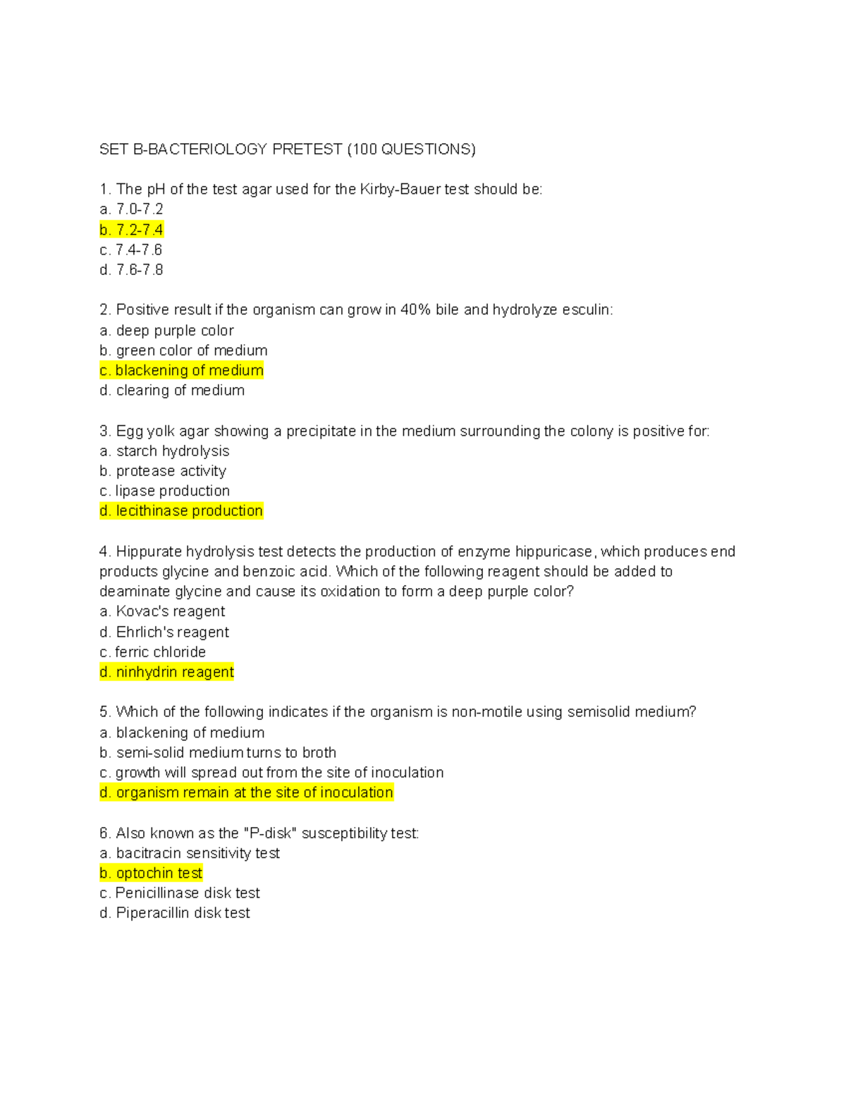 Bacte Pre-Test - Bacteriology Quiz Questions for Study - Studocu