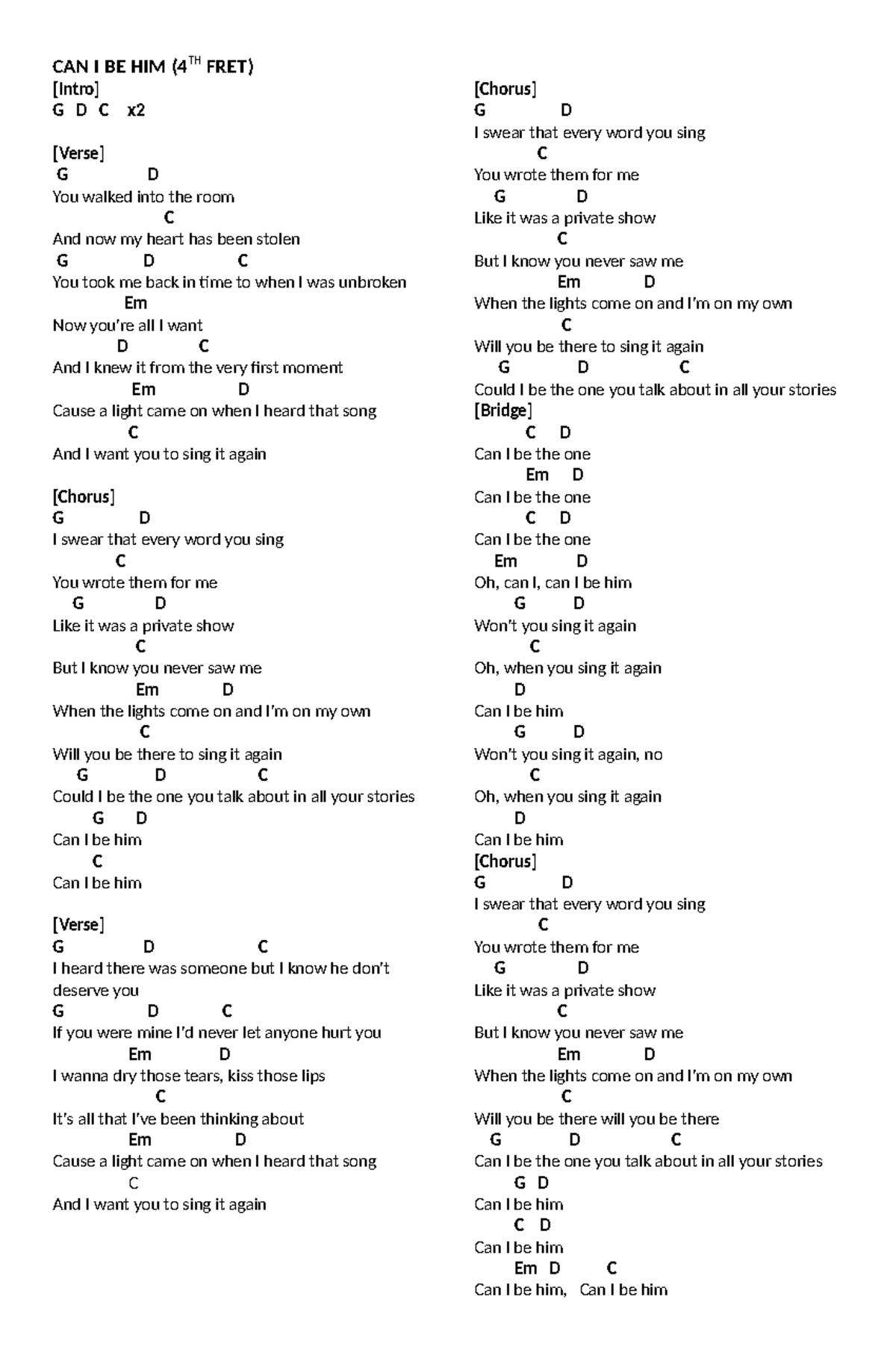 CAN I BE HIM (4TH FRET) - Lyrics and Chords Analysis - Studocu