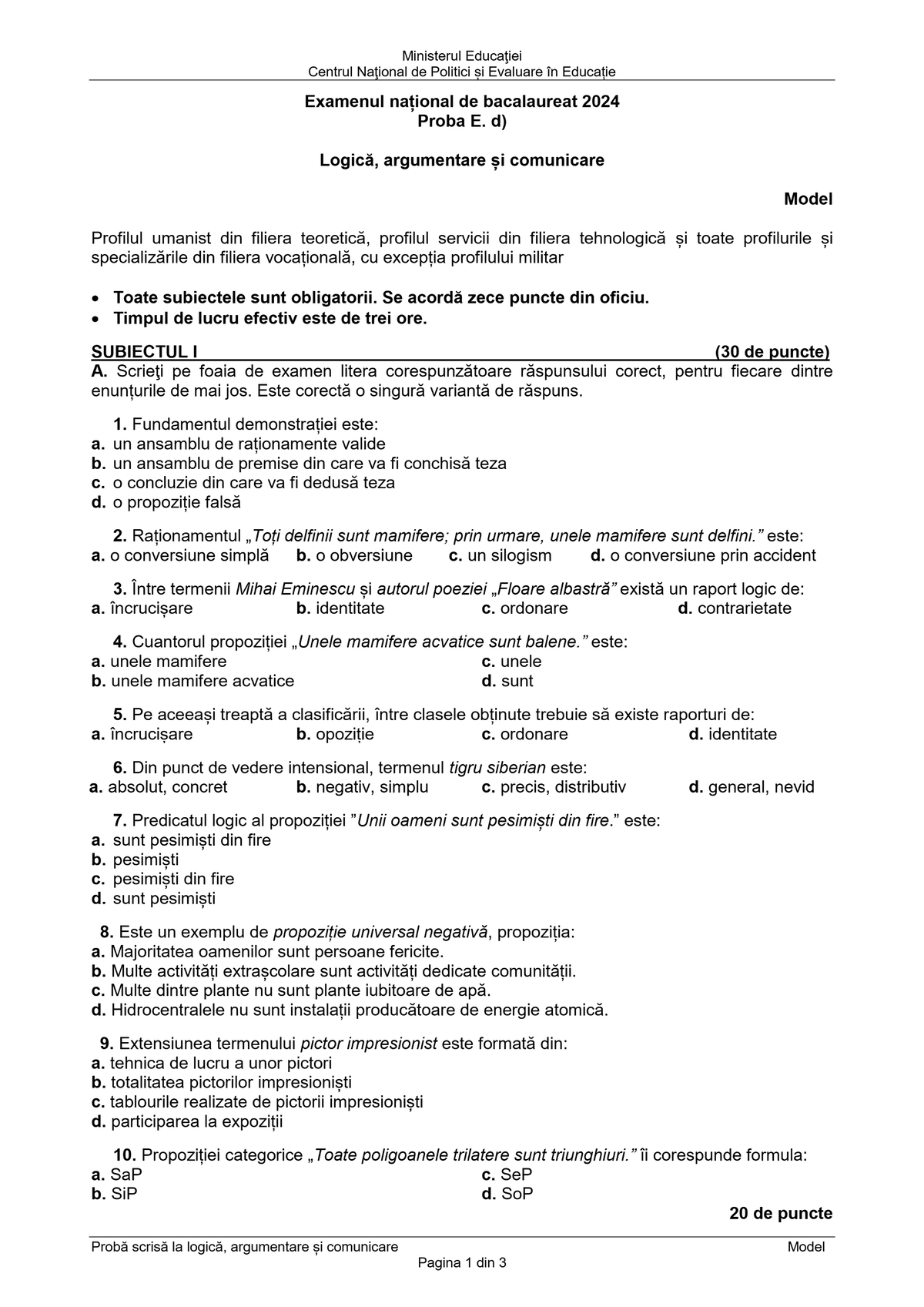BAC 2024 Proba E d: Model de Examen Logica si Argumentare - Studocu