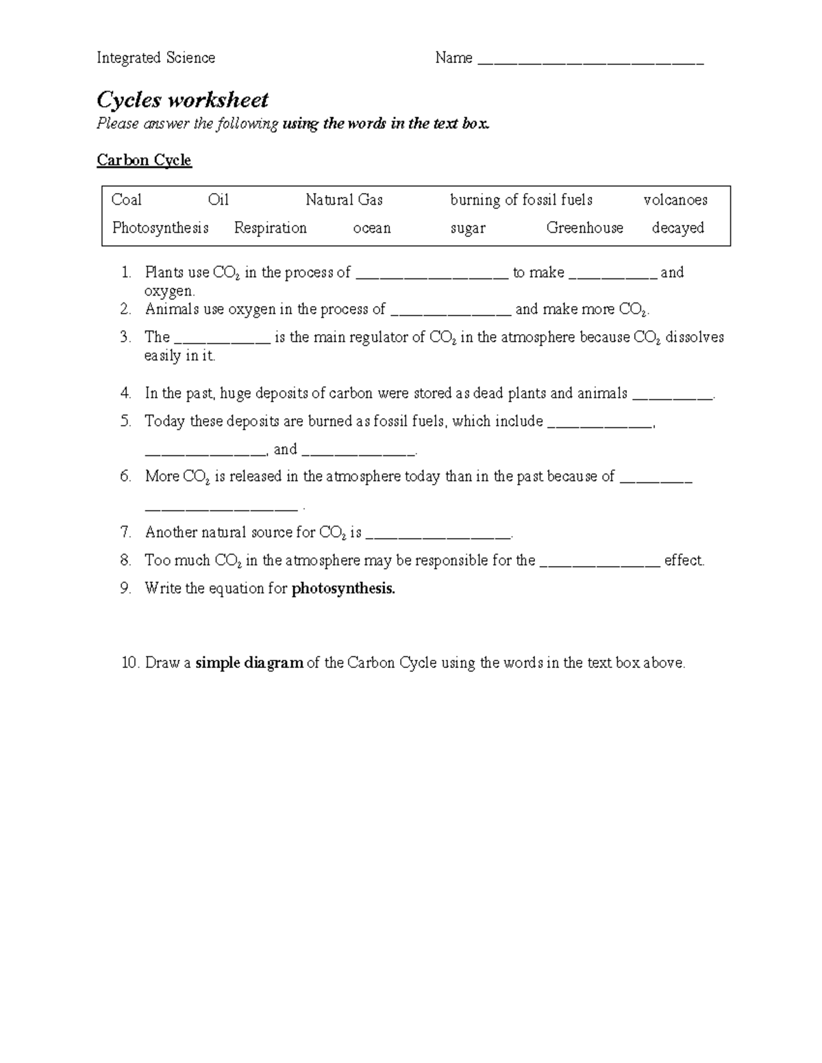 Integrated Science Cycles Worksheet: Carbon, Oxygen, Nitrogen - Studocu