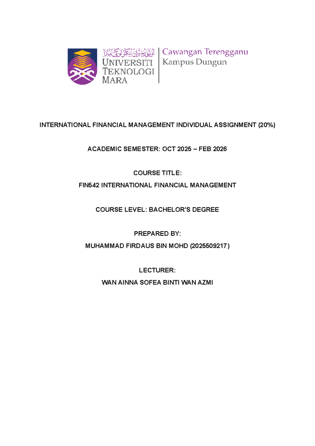 FIN542 Individual Assignment: International Financial Management ...