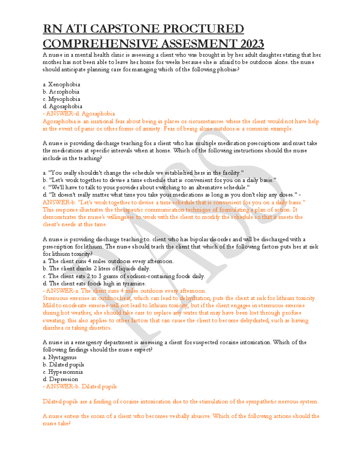 RN ATI CAPSTONE PROCTURED COMPREHENSIVE ASSESSMENT 2023: Mental Health ...