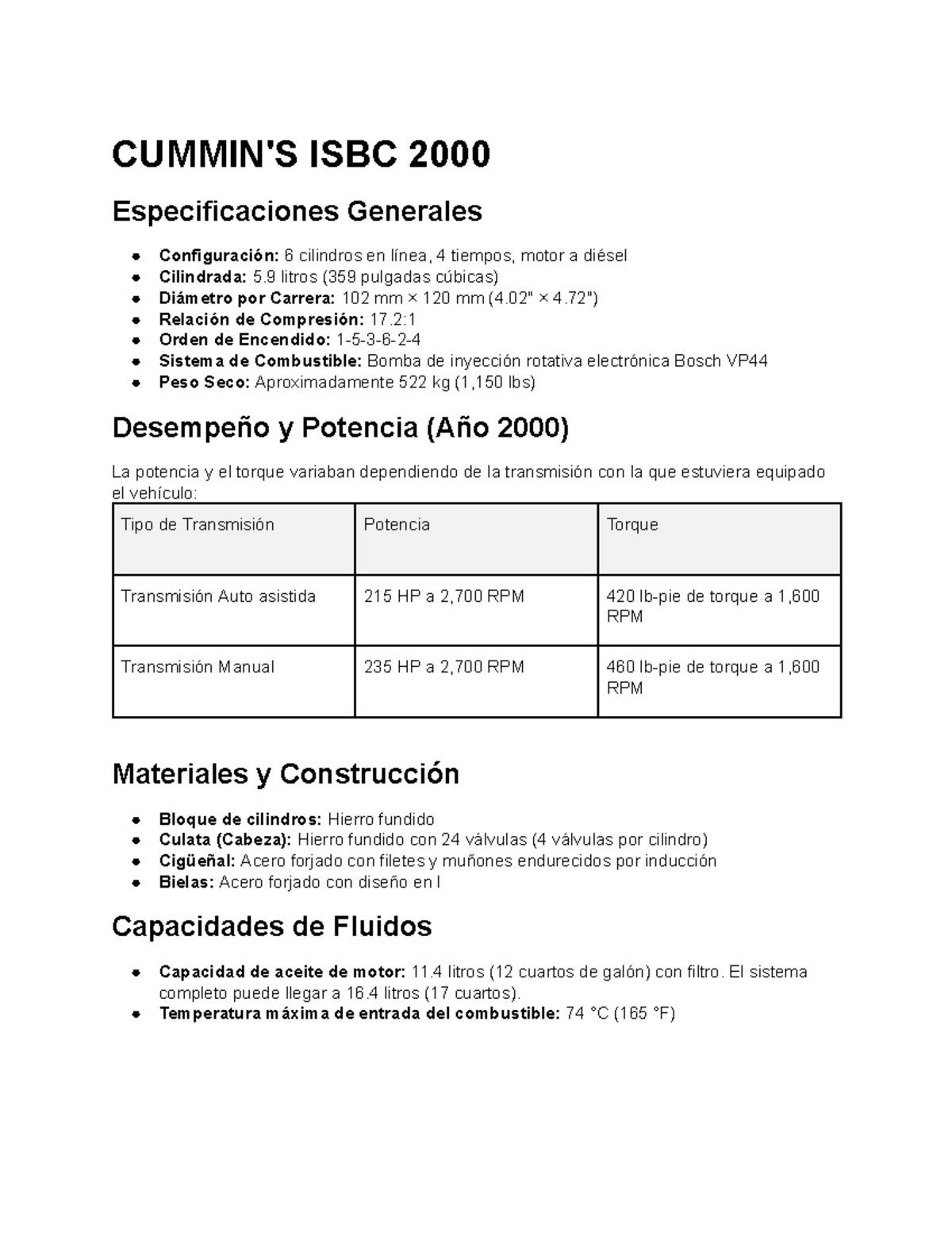 ISBC 2000: Especificaciones Técnicas del Motor Diésel - Studocu
