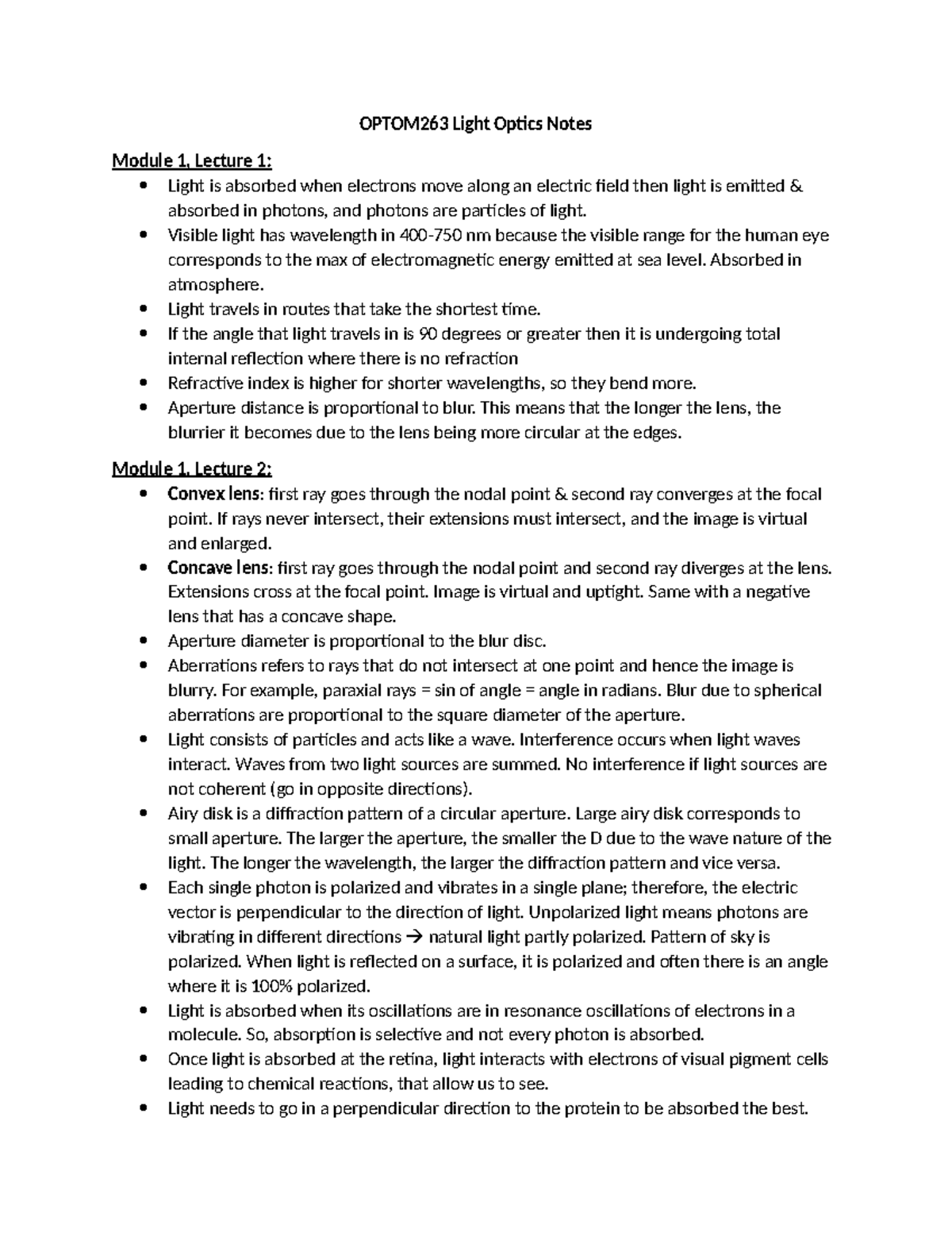 OPTOM263 Visual Optics Lecture Notes Summary and Key Concepts - Studocu