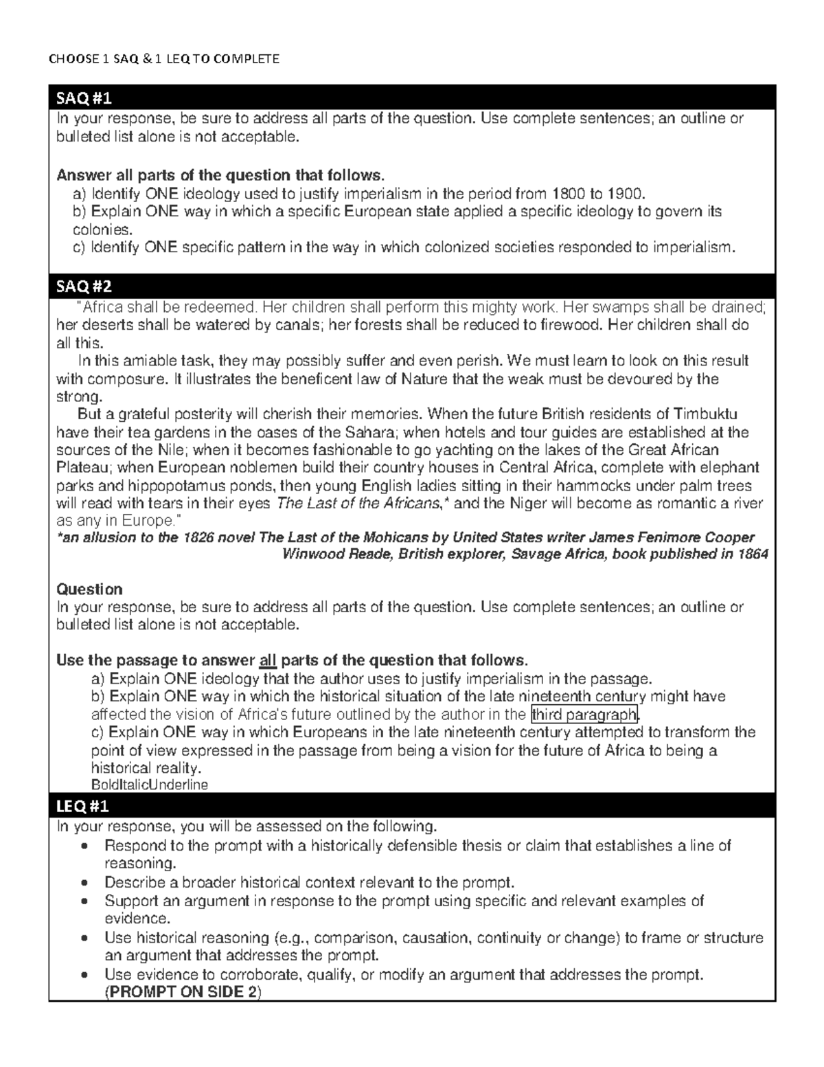 Writing 6.3 6 - Assigment - CHOOSE 1 SAQ & 1 LEQ TO COMPLETE SAQ In ...